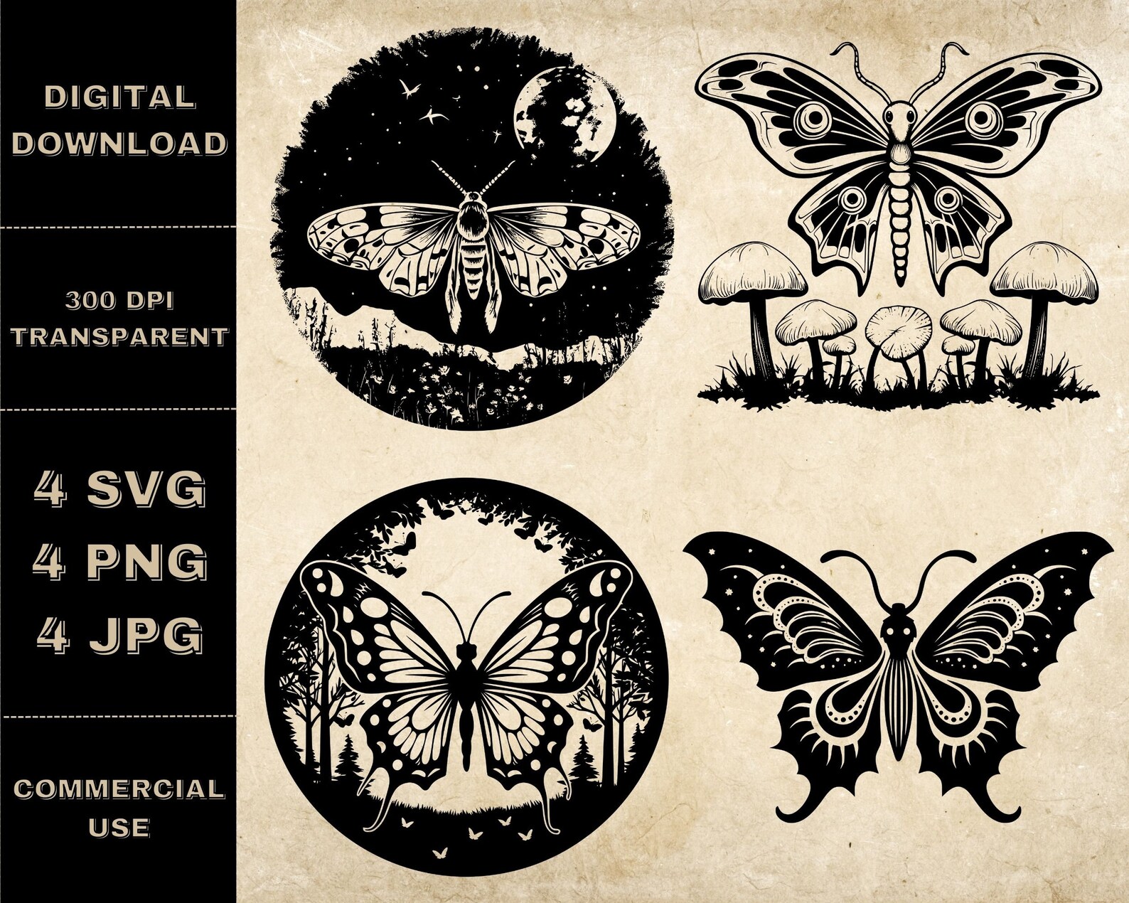 Luna Moth SVG Bundle, PNG, Moth Clipart, Hand Drawn Celestial Butterfly ...