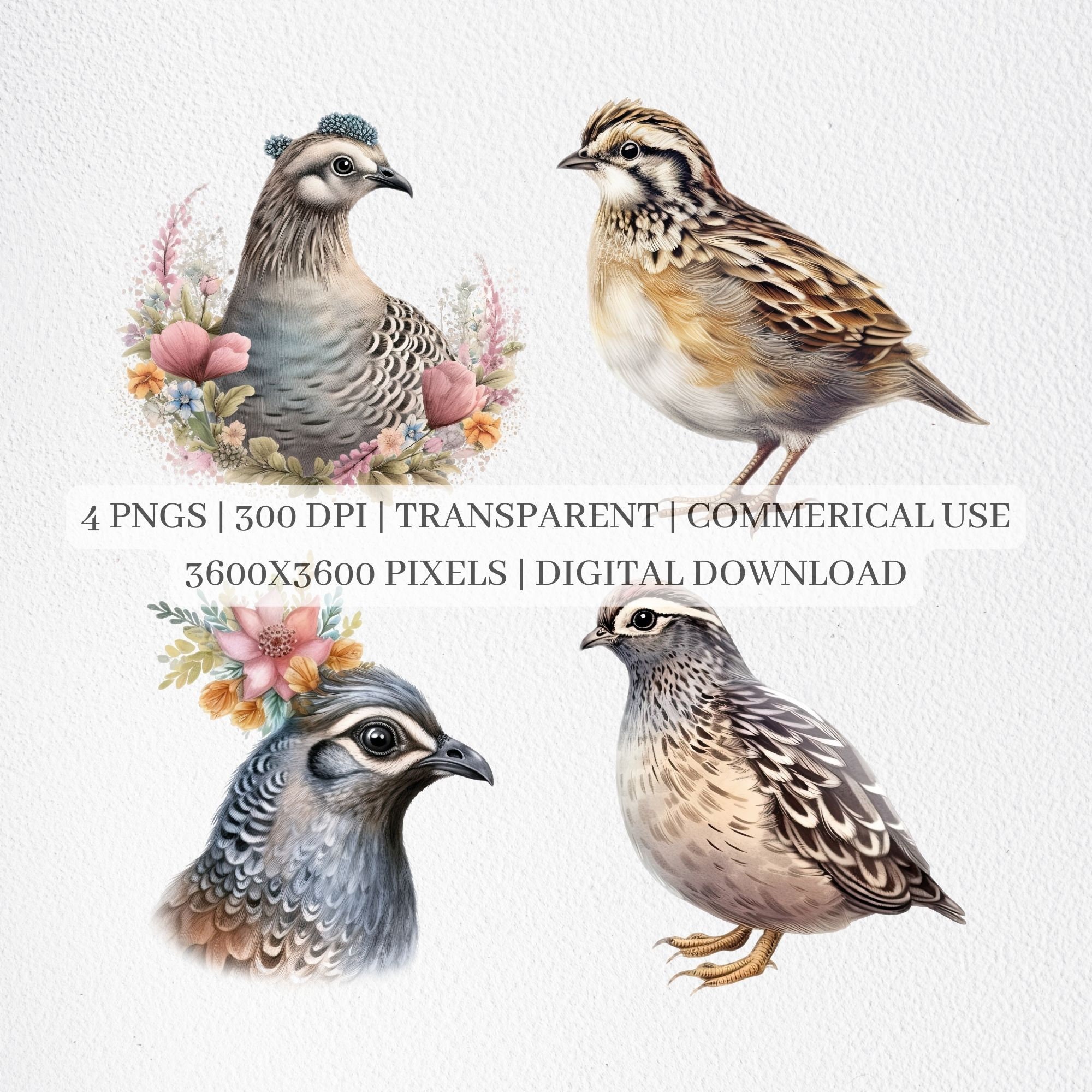 Quail Clipart, Quail PNG Files for Sublimation, Bird and Flowers Clip ...