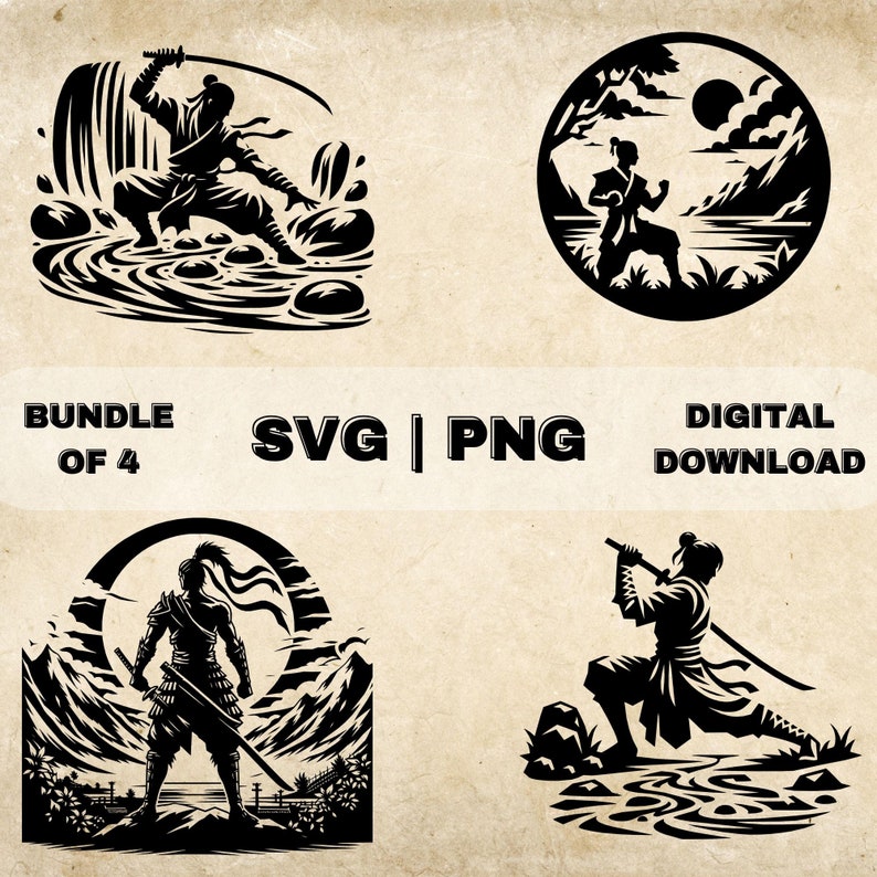 Warrior Pose SVG Bundle, PNG, Martial Arts Clipart, Hand Drawn Warrior ...