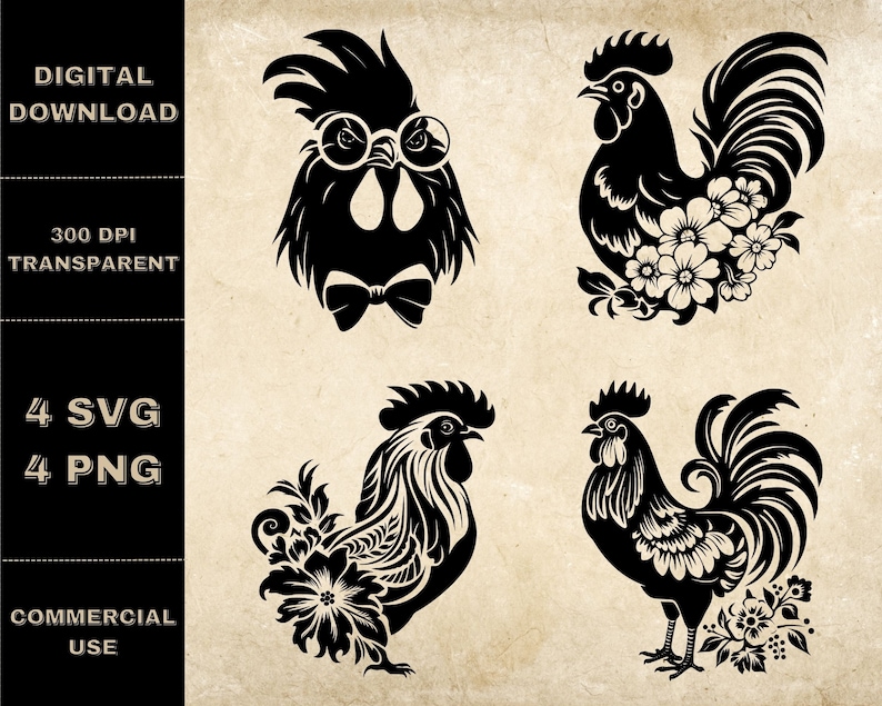 Rooster SVG Bundle, PNG, Farm Animal Clipart, Hand Drawn Rooster Vector ...