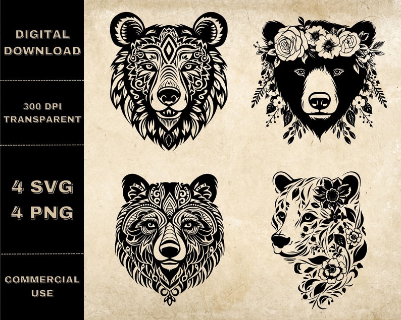 Bear Head SVG Bundle PNG Bear Face Clipart Hand Drawn Bear - Etsy