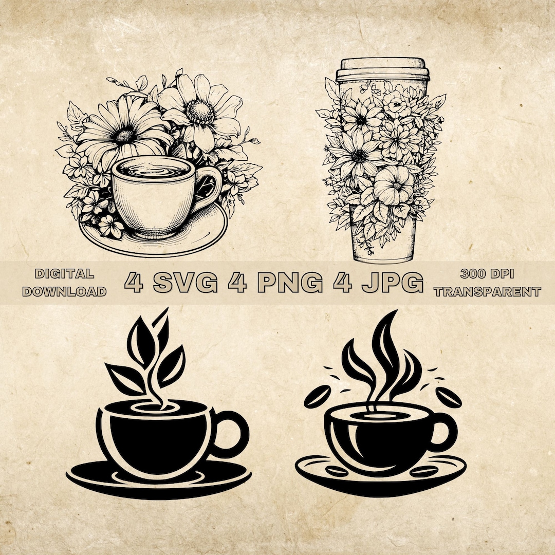 Coffee SVG Bundle, PNG, Floral Coffee Clipart, Hand Drawn Coffee Vector ...