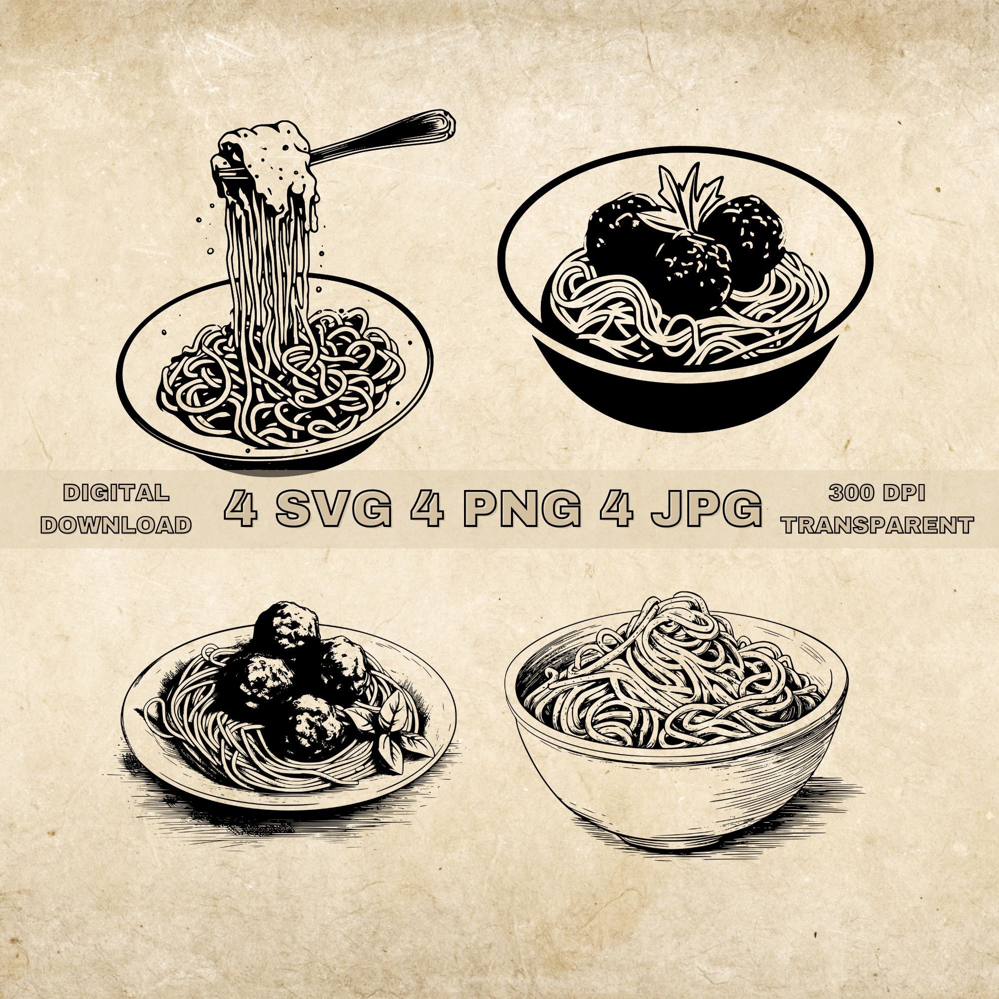 Spaghetti SVG Bundle, PNG, Spaghetti and Meatballs Clipart, Hand Drawn ...