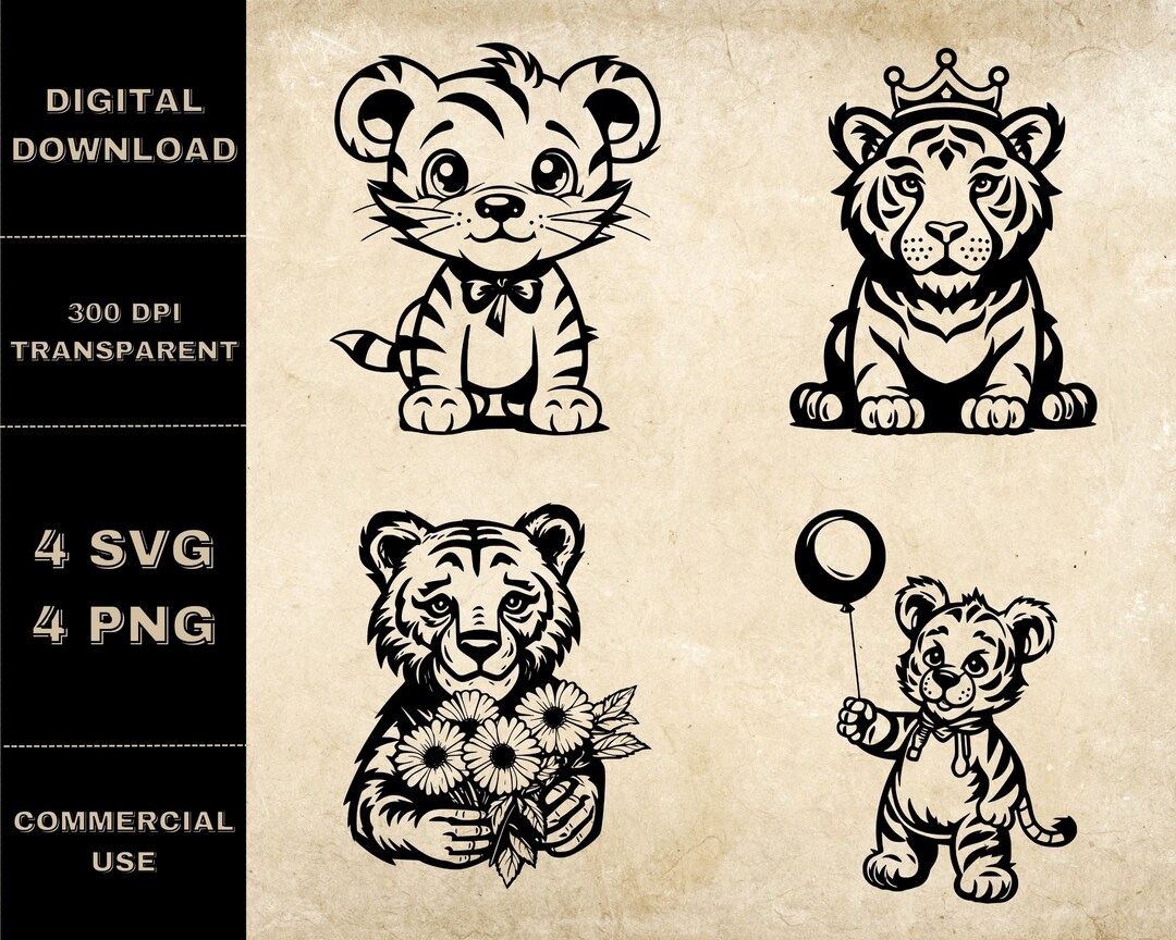 Cute Tiger SVG Bundle, PNG, Baby Tiger Clipart, Hand Drawn Tigers ...