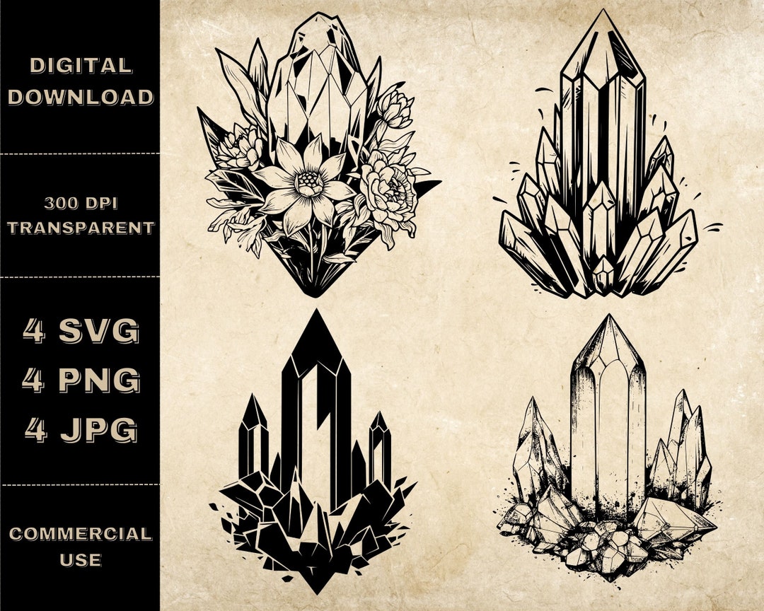 Floral Crystal SVG Bundle, PNG, Magic Crystal Clipart, Hand Drawn ...