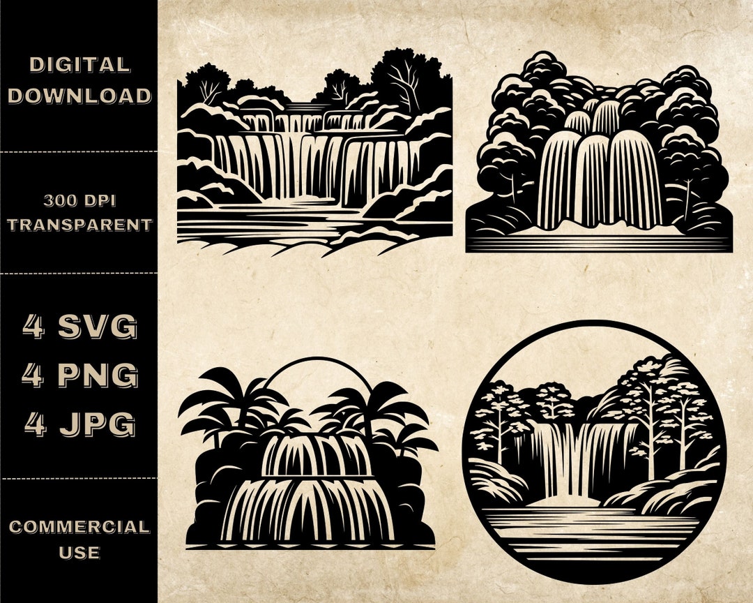 Waterfall SVG Bundle, PNG, Landscape Clipart, Hand Drawn Waterfall ...