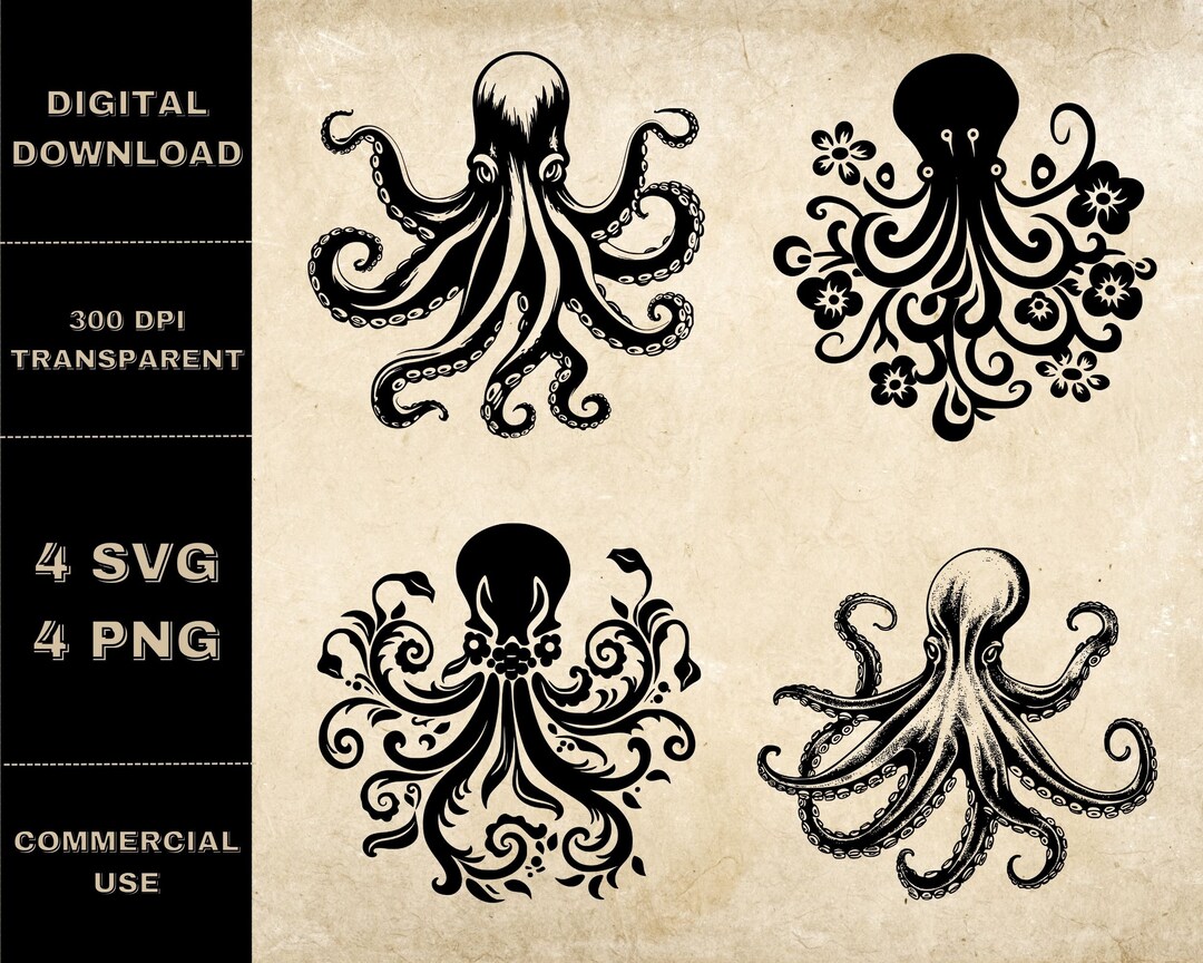 Octopus SVG Bundle, PNG, Octopus Clipart, Hand Drawn Sea Creature ...