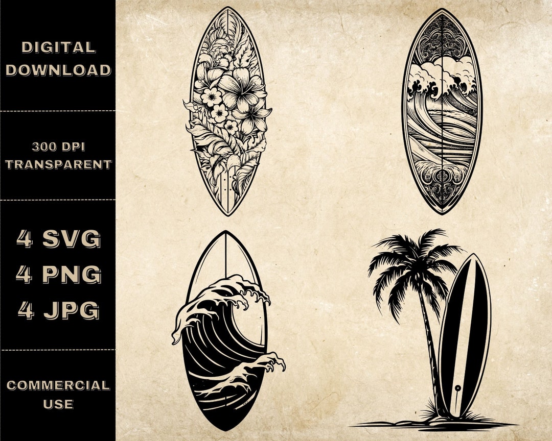 Hawaiian Surfboard SVG Bundle, PNG, Surfer Clipart, Hand Drawn Surf ...