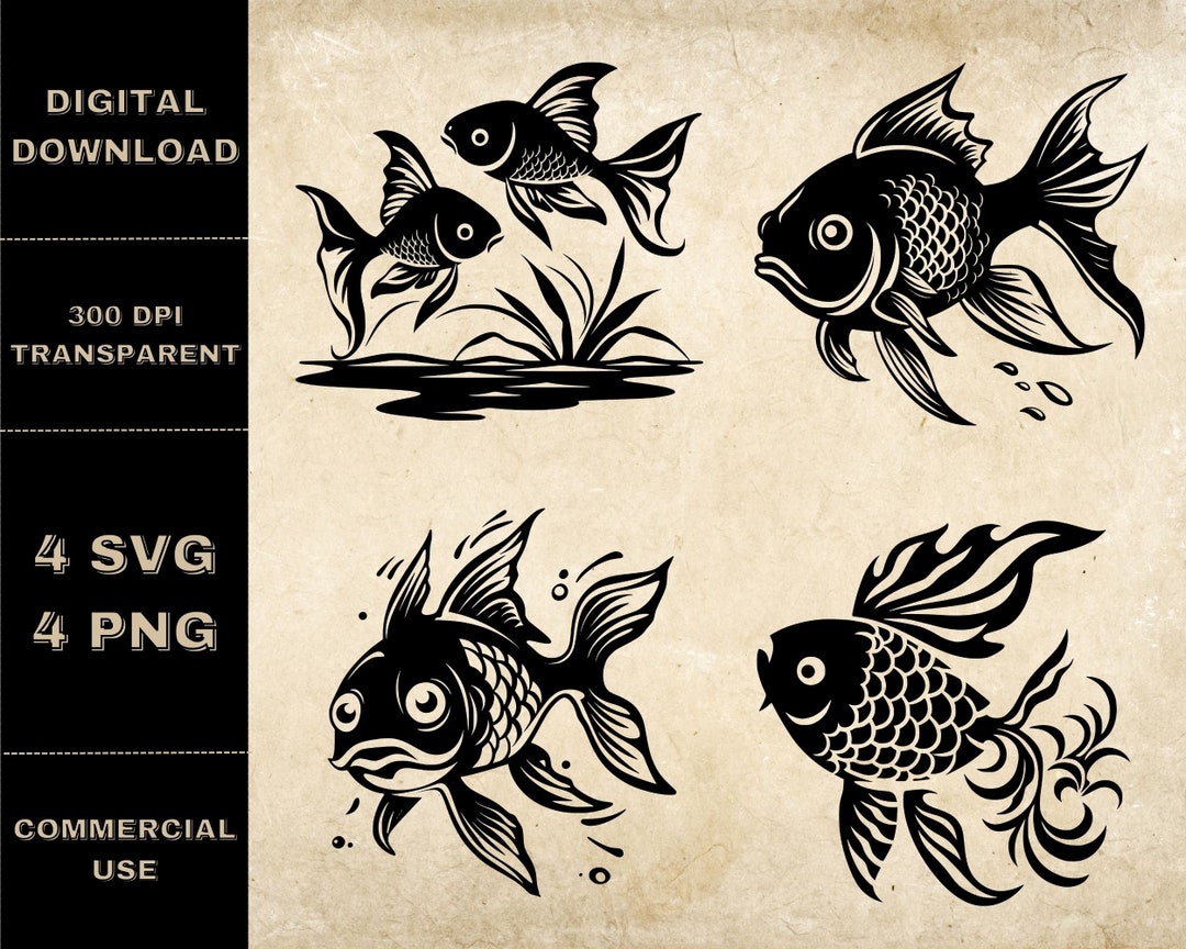 Goldfish SVG Bundle, PNG, Fish Clipart, Hand Drawn Gold Fishes Vector ...