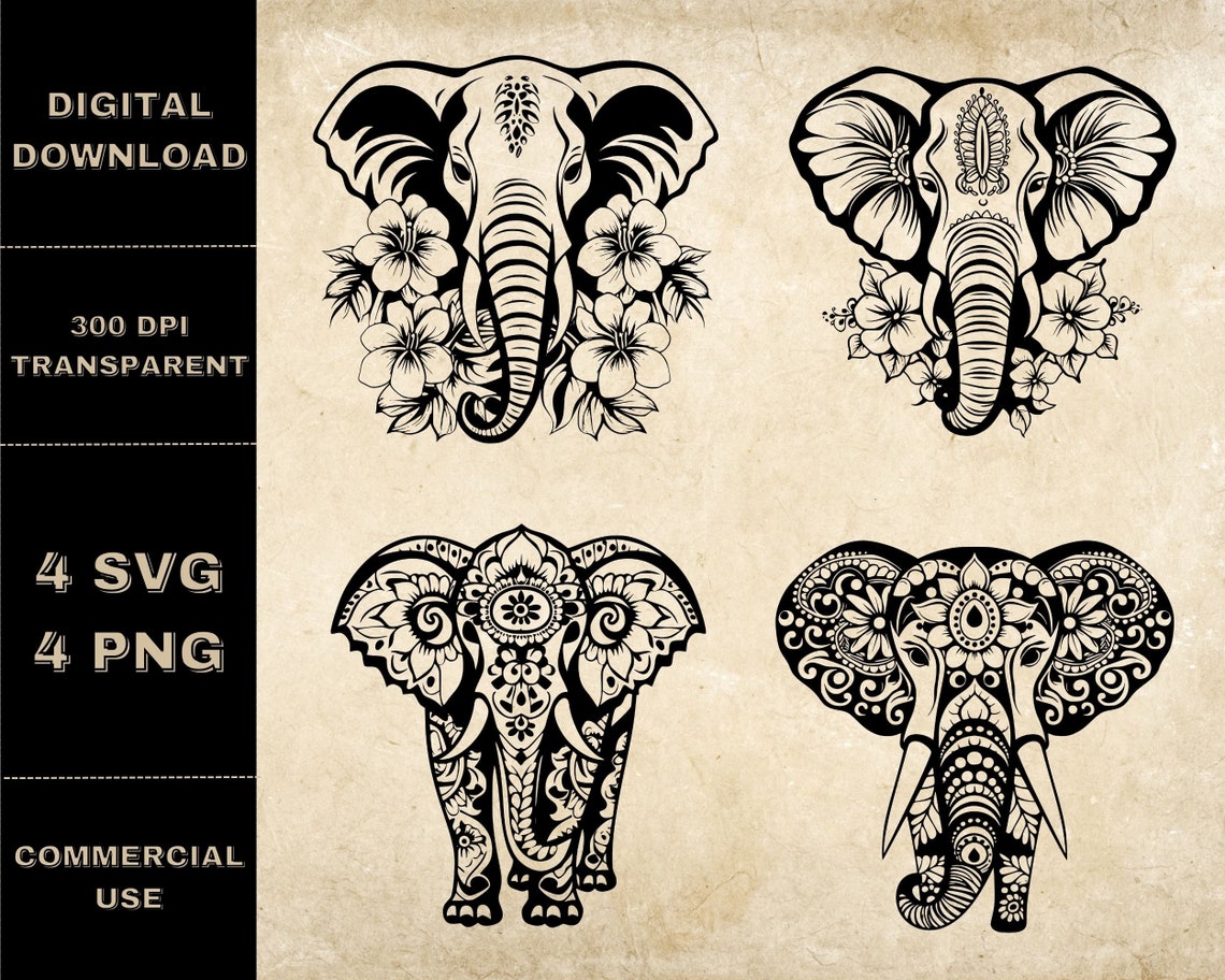Floral Elephant SVG Bundle PNG Elephant Clipart Hand Drawn - Etsy