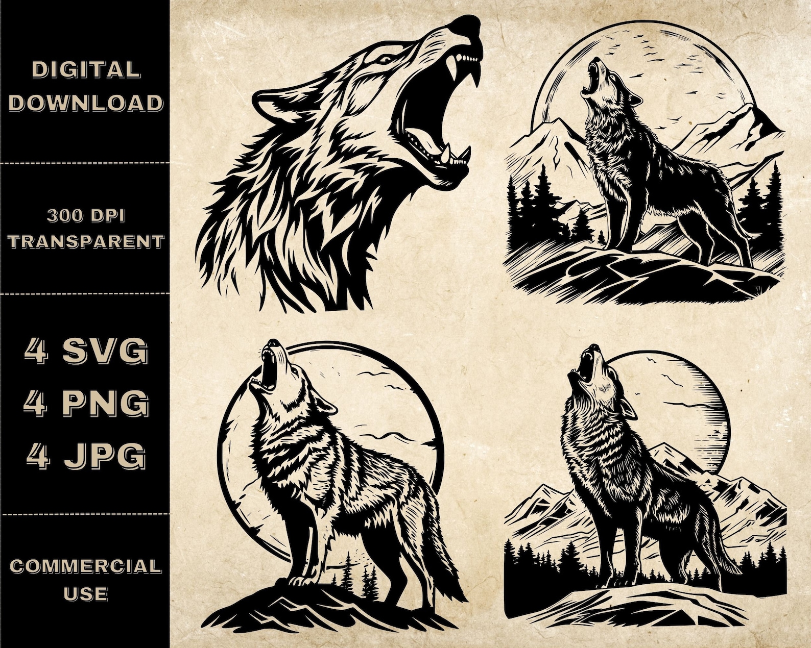Howling Wolf SVG Bundle, PNG, Mountain Wolf Clipart, Hand Drawn Wolves ...