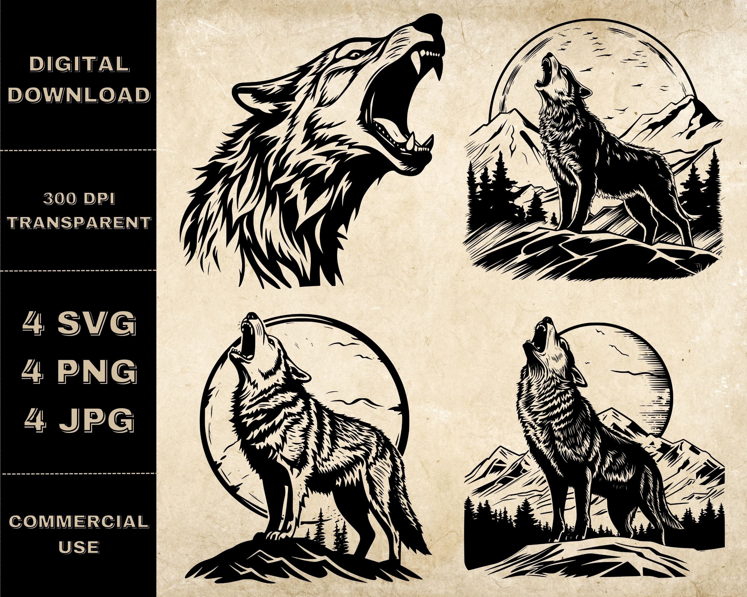 Howling Wolf SVG Bundle, PNG, Mountain Wolf Clipart, Hand Drawn Wolves ...