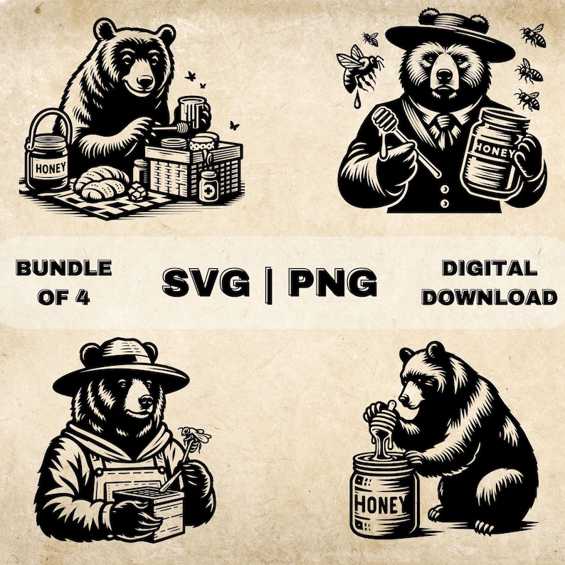 Bear With a Honey Jar SVG Bundle, PNG, Bear and Bees Clipart, Hand ...