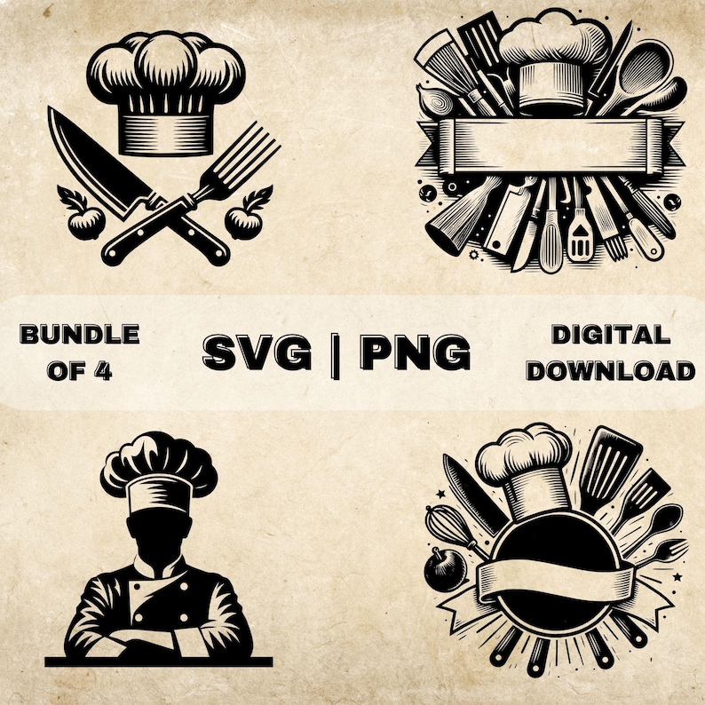 Chef SVG Bundle, Chef's Tools Clipart, Hand Drawn Cooking Theme Vector ...