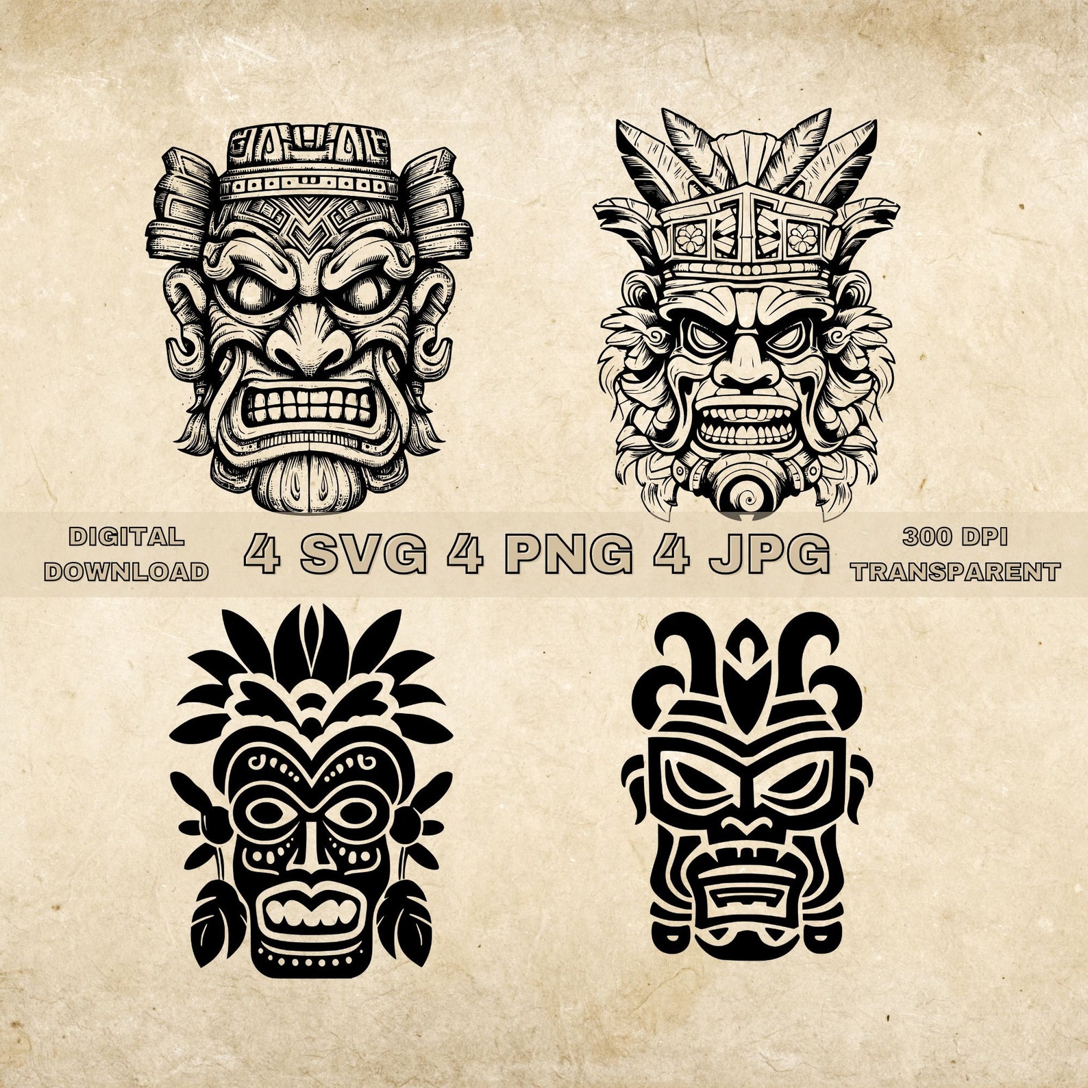 Tiki SVG Bundle, PNG, Hawaiian Tribal Clipart, Hand Drawn Tiki Head ...
