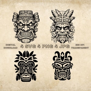 Tiki SVG Bundle, PNG, Hawaiian Tribal Clipart, Hand Drawn Tiki Head ...