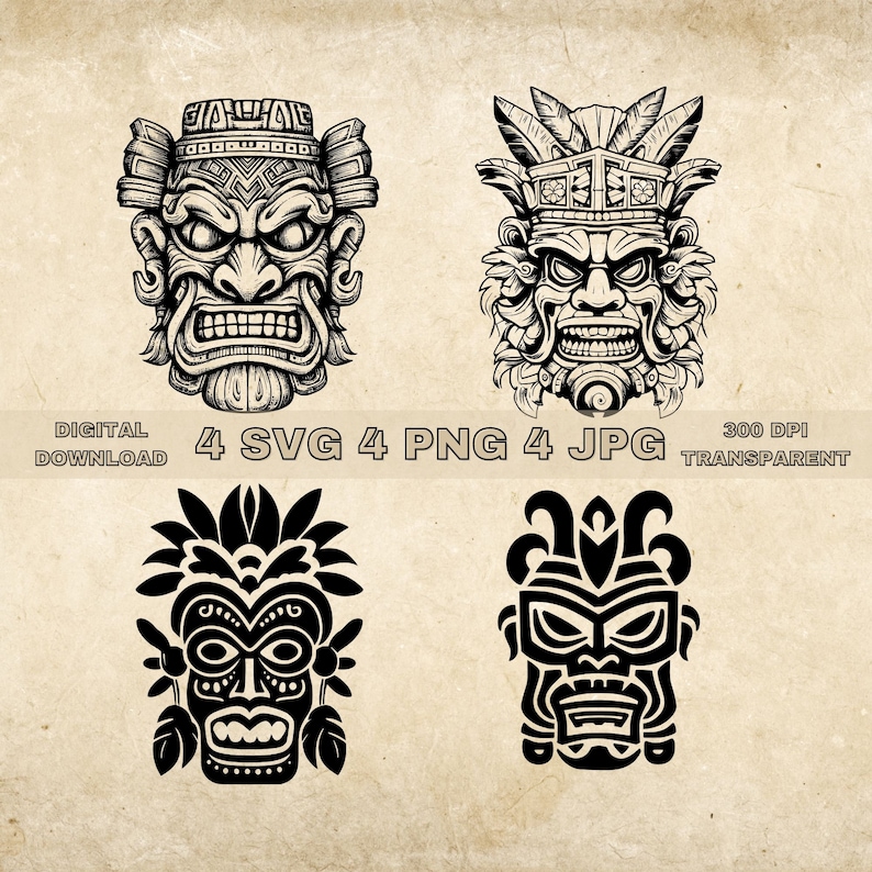 Tiki SVG Bundle, PNG, Hawaiian Tribal Clipart, Hand Drawn Tiki Head ...