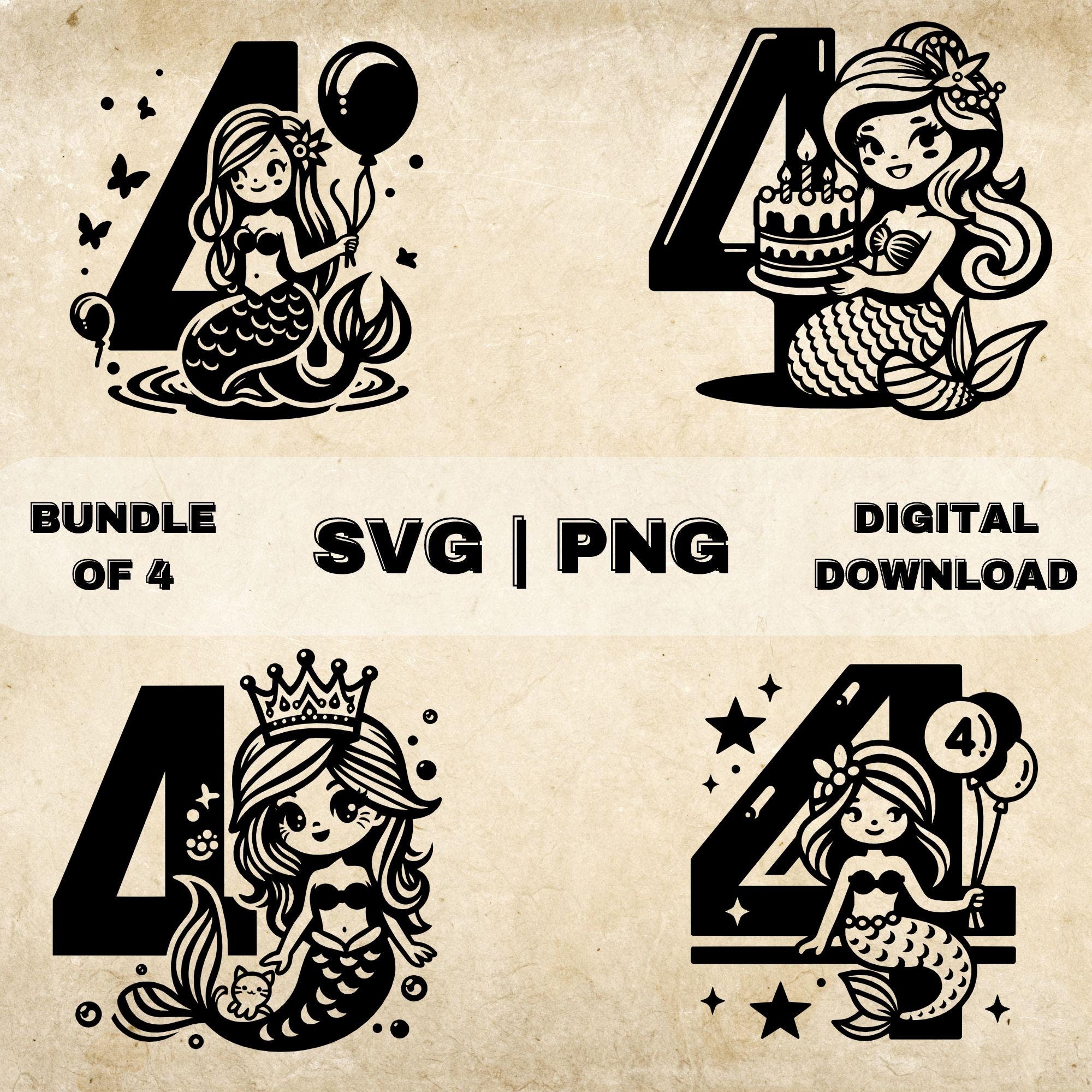 Mermaid 4th Birthday SVG Bundle, Fourth Birthday Clipart, Hand Drawn ...