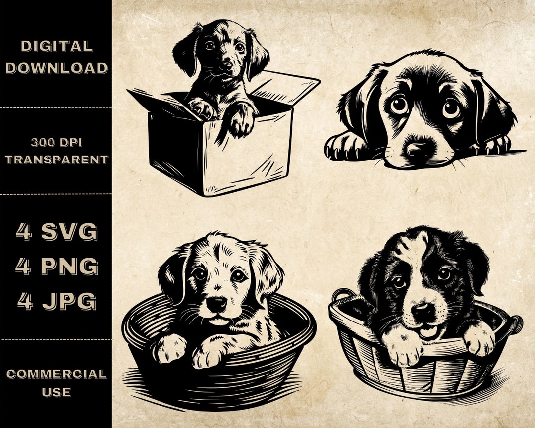 Puppy SVG Bundle, PNG, Cute Dog Clipart, Hand Drawn Beautiful Puppies ...