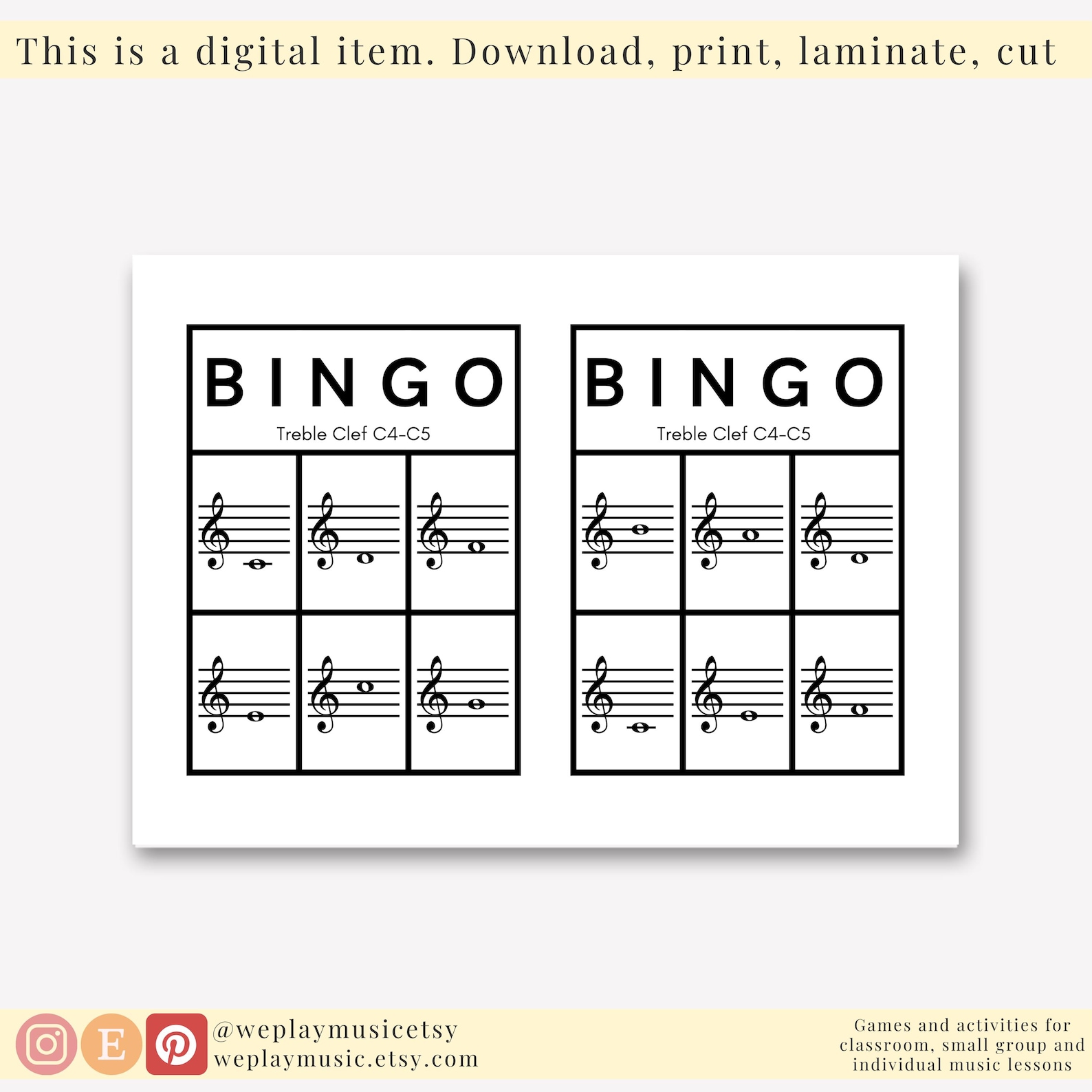 Treble and Bass Clef Bingo, 2 Different Games, C3-C5, Grand Staff ...