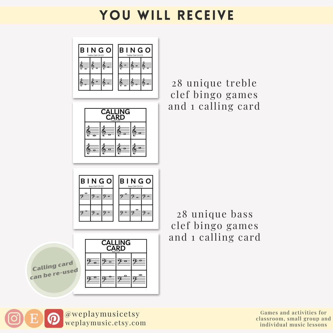 Treble and Bass Clef Bingo, 2 Different Games, C3-C5, Grand Staff ...