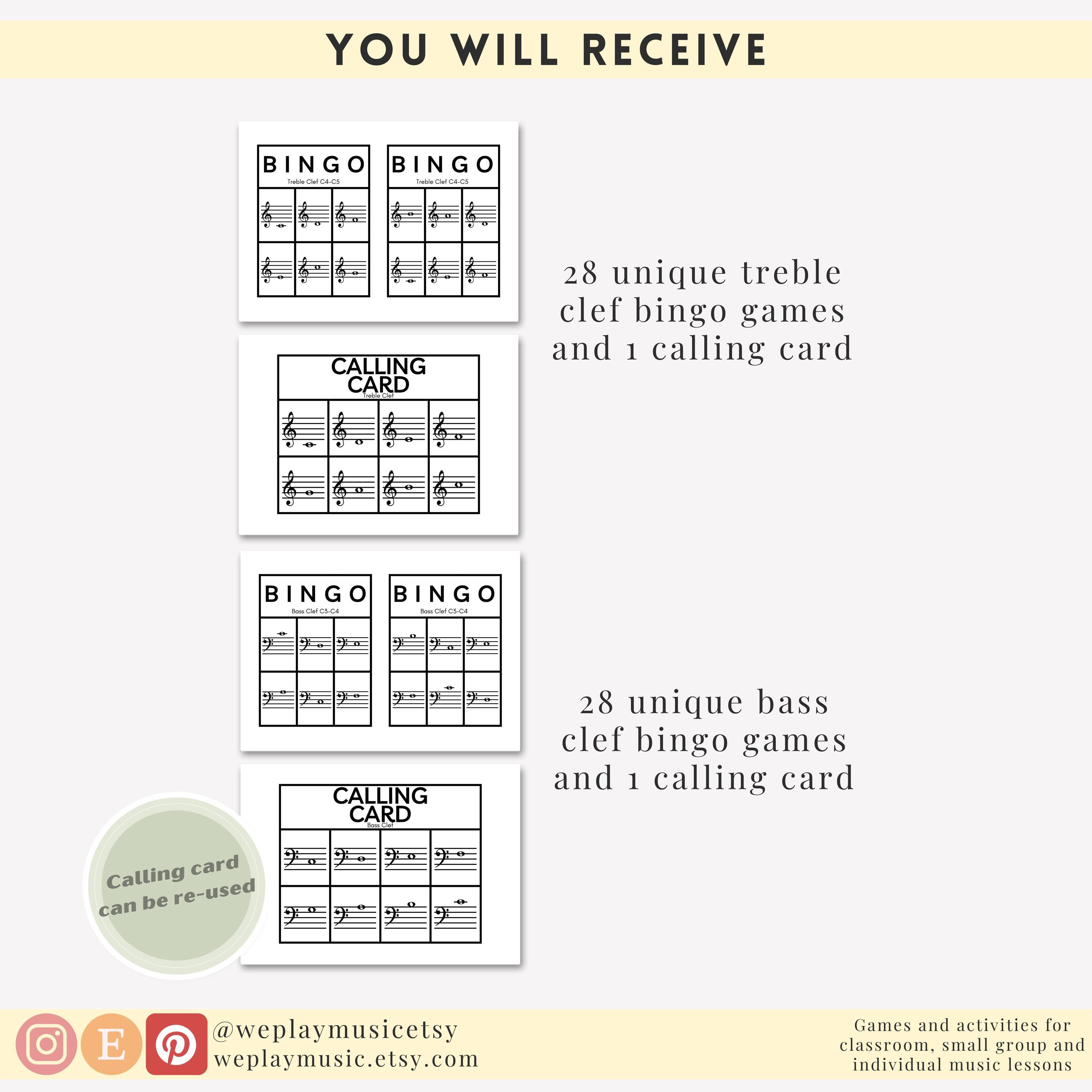 Treble and Bass Clef Bingo, 2 Different Games, C3-C5, Grand Staff ...