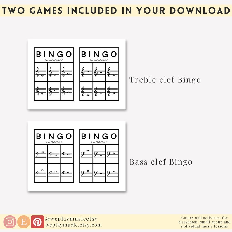 Treble and Bass Clef Bingo, 2 Different Games, C3-C5, Grand Staff ...