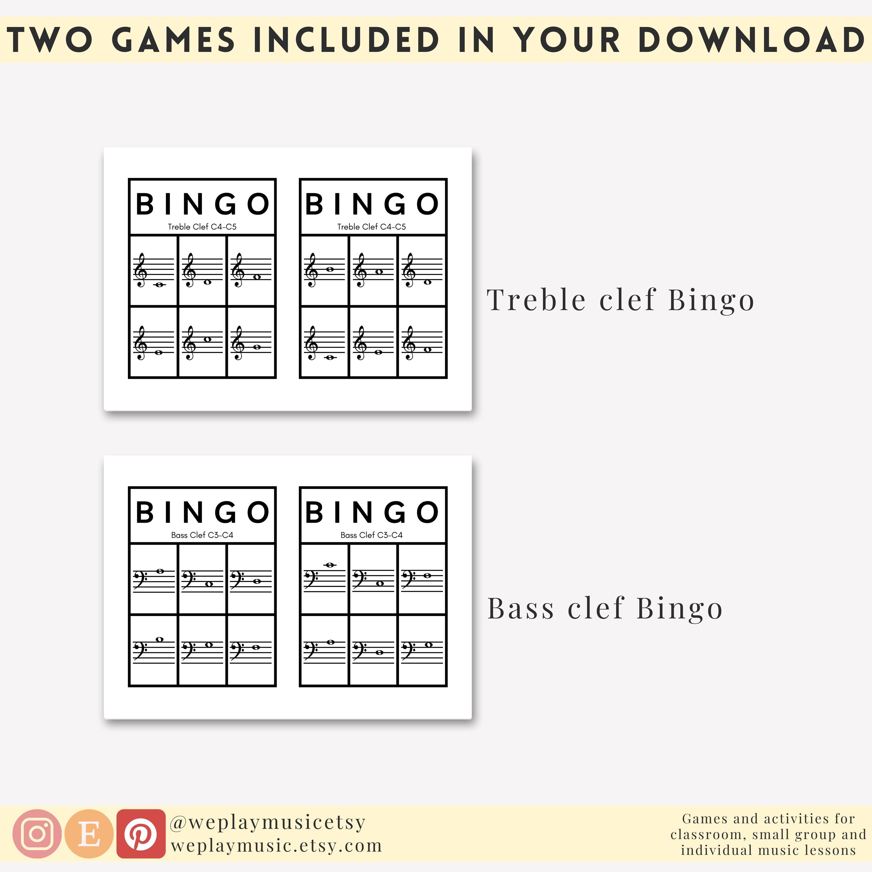 Treble and Bass Clef Bingo, 2 Different Games, C3-C5, Grand Staff ...