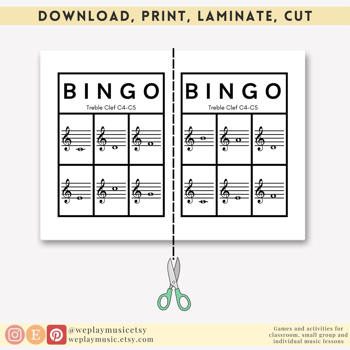 Treble and Bass Clef Bingo, 2 Different Games, C3-C5, Grand Staff ...
