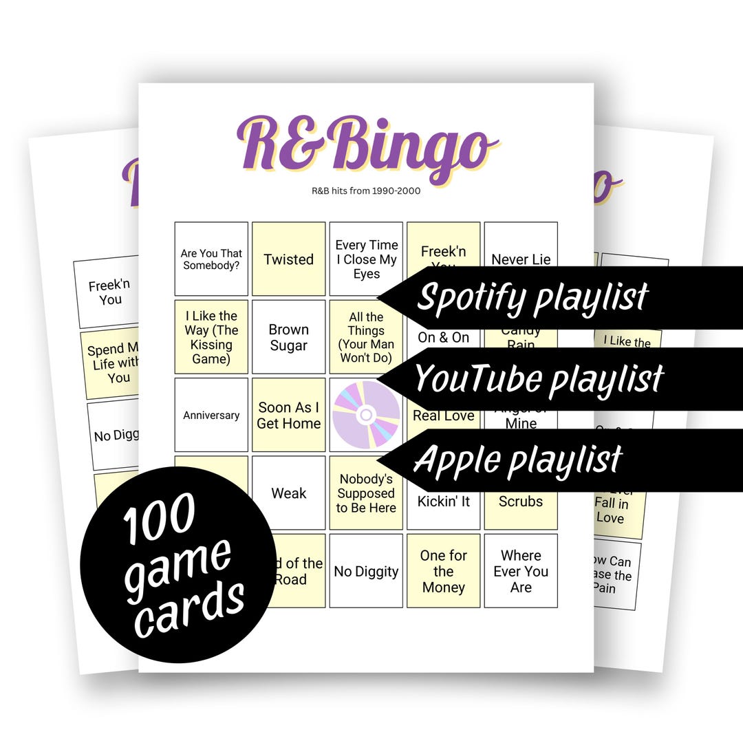 R&B Music Bingo (1990-2000) 100 Cards, Family Game Night, Spotify ...