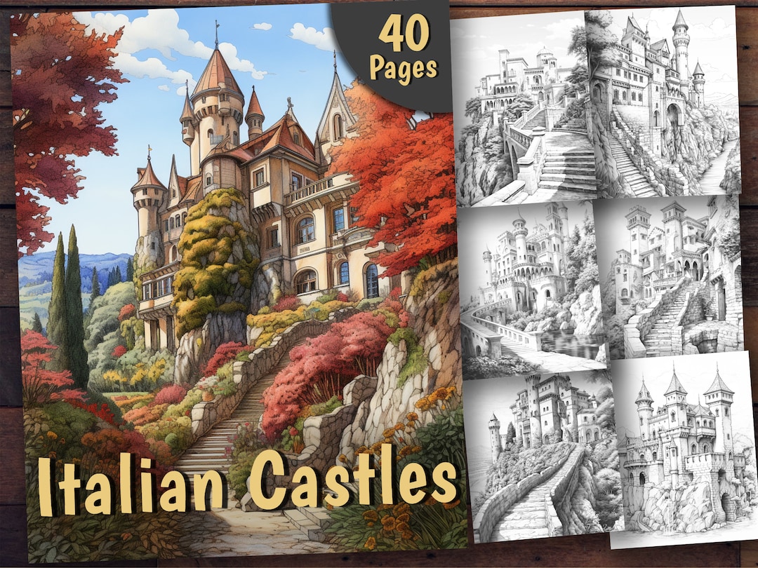 Italian Castles Coloring Book: 40 Grayscale Pages (printable PDF) - Etsy