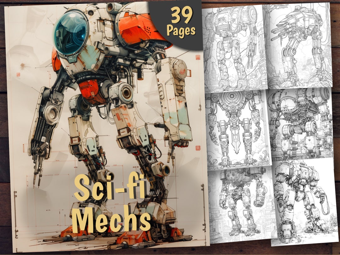 Sci-fi Mech Coloring Book: 39 Grayscale Pages (printable PDF) - Etsy