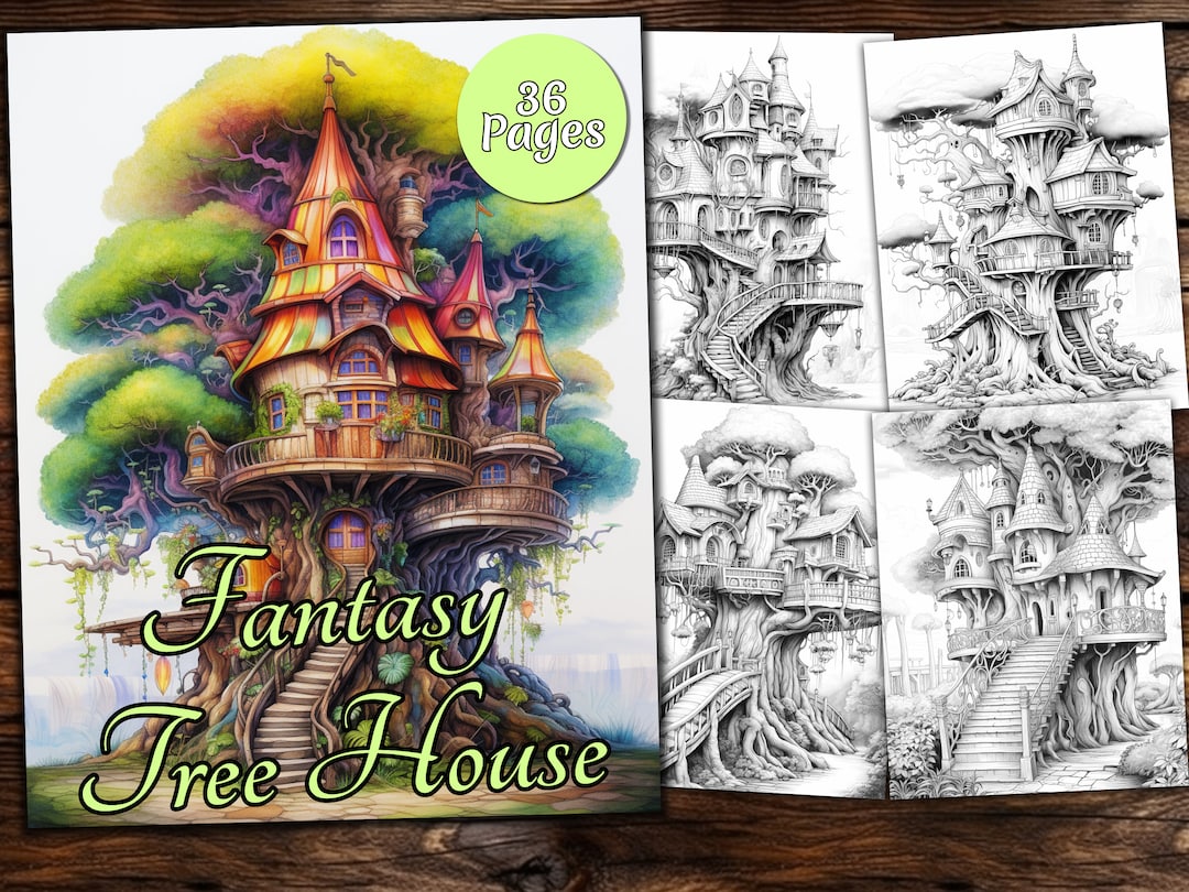 Fantasy Tree House Coloring Book: Grayscale Illustrations (PDF Download ...
