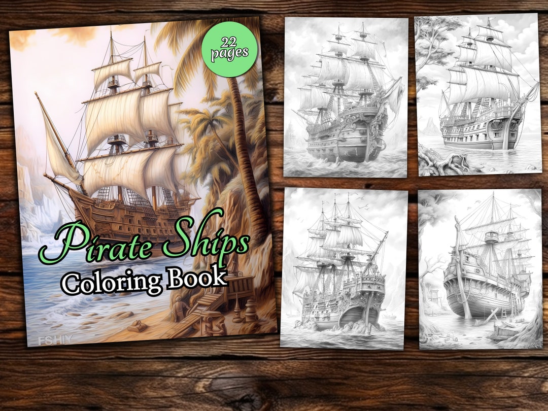 Pirate Ships Coloring Page Book, Fantasy Coloring Book, Adult Coloring ...