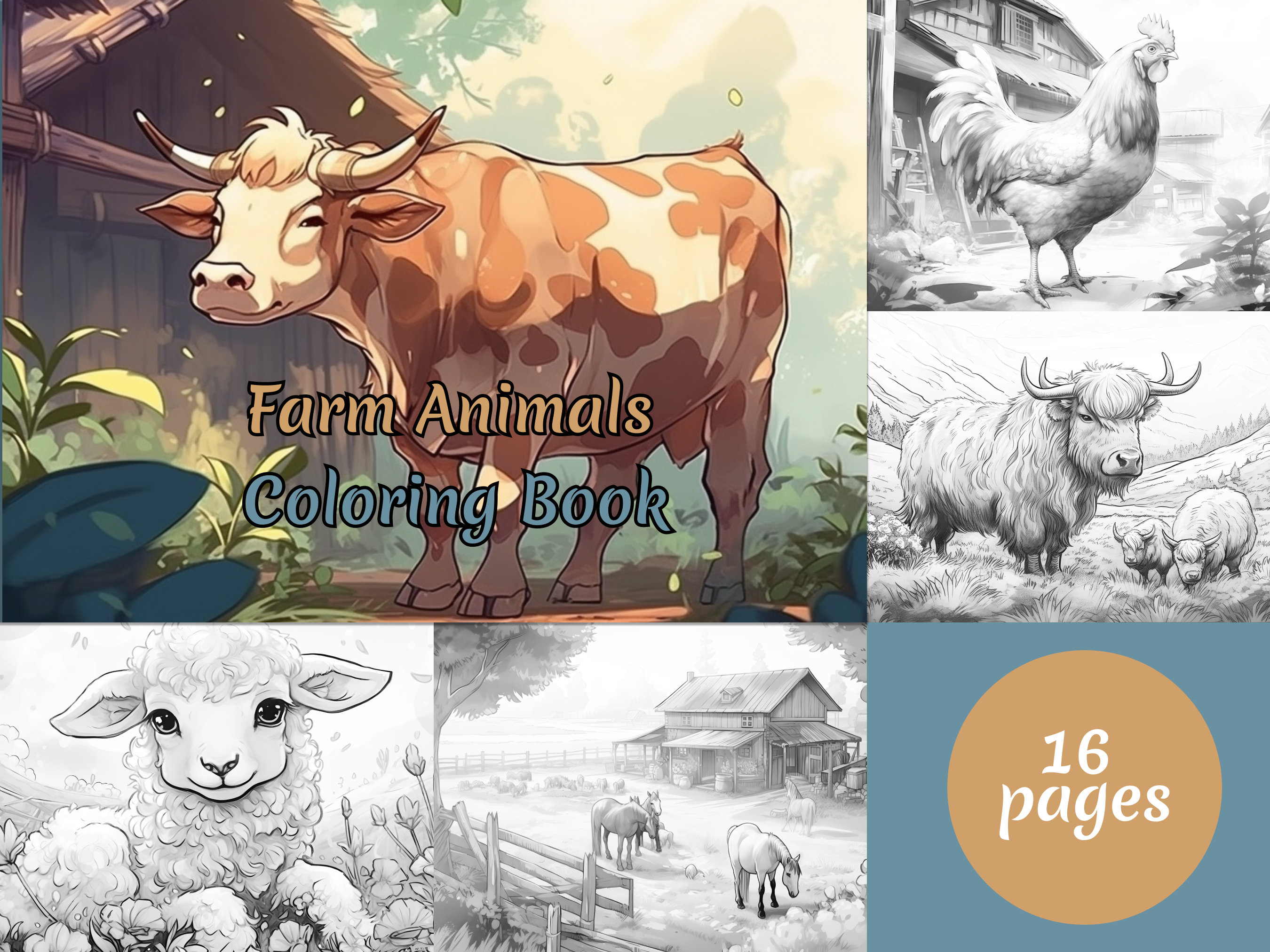 Farm Animals Coloring Page Book, Grayscale Coloring, Adults & Kids ...