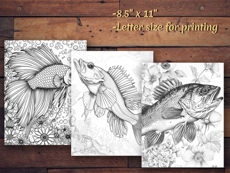 Fish Coloring Book: 50 Grayscale Pages for Adults & Kids (printable PDF ...