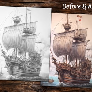 Pirate Ships Coloring Page Book, Fantasy Coloring Book, Adult Coloring ...