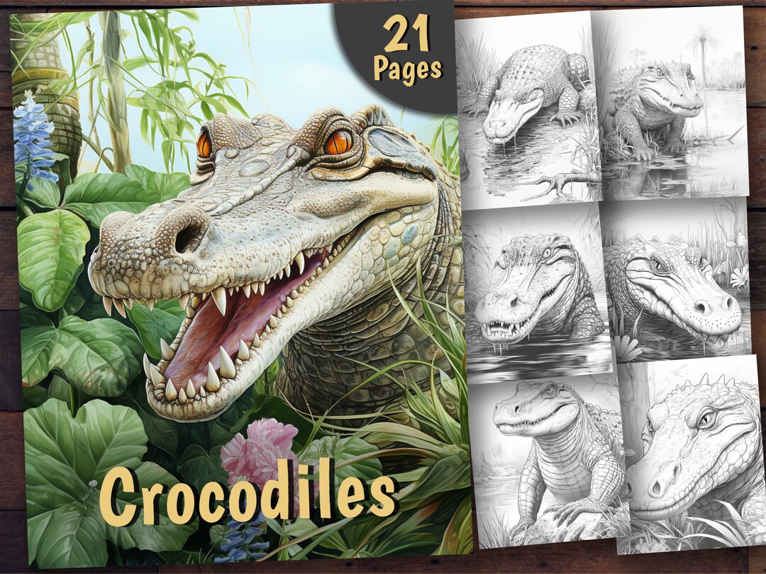 Crocodiles Coloring Book: 21 Grayscale Pages, for Adults & Kids ...