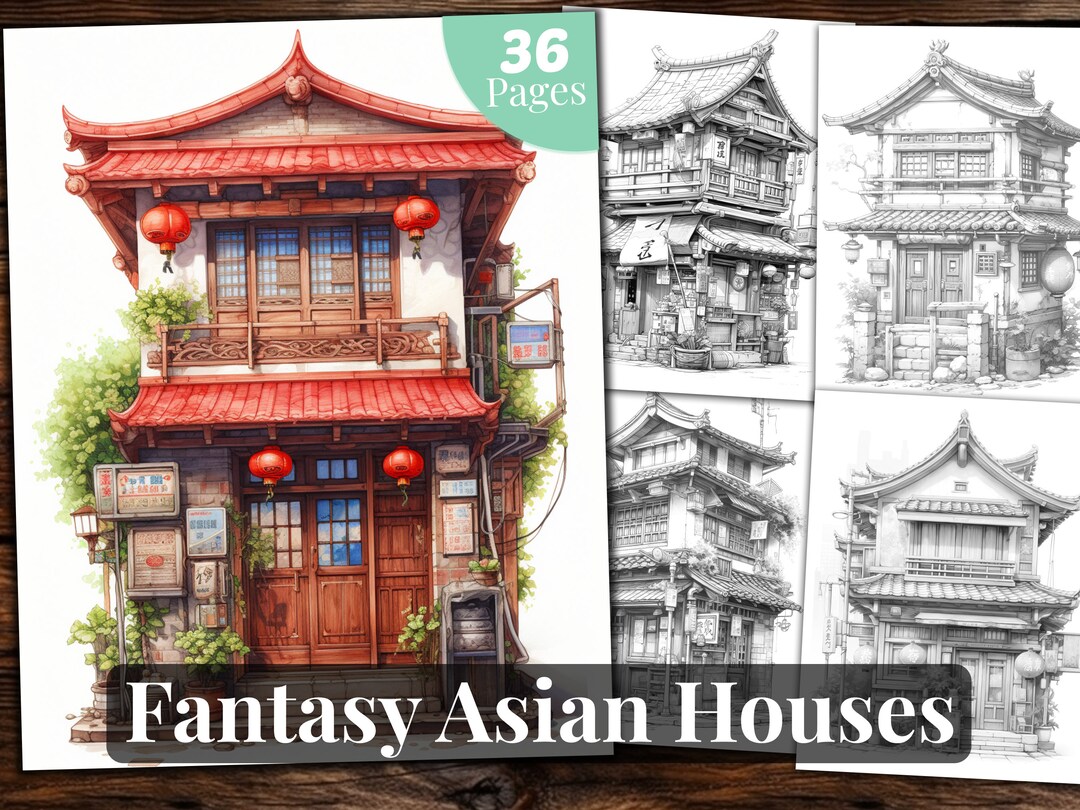 Asian Houses Coloring Book, 36 Coloring Pages, for Adults and for Kids ...