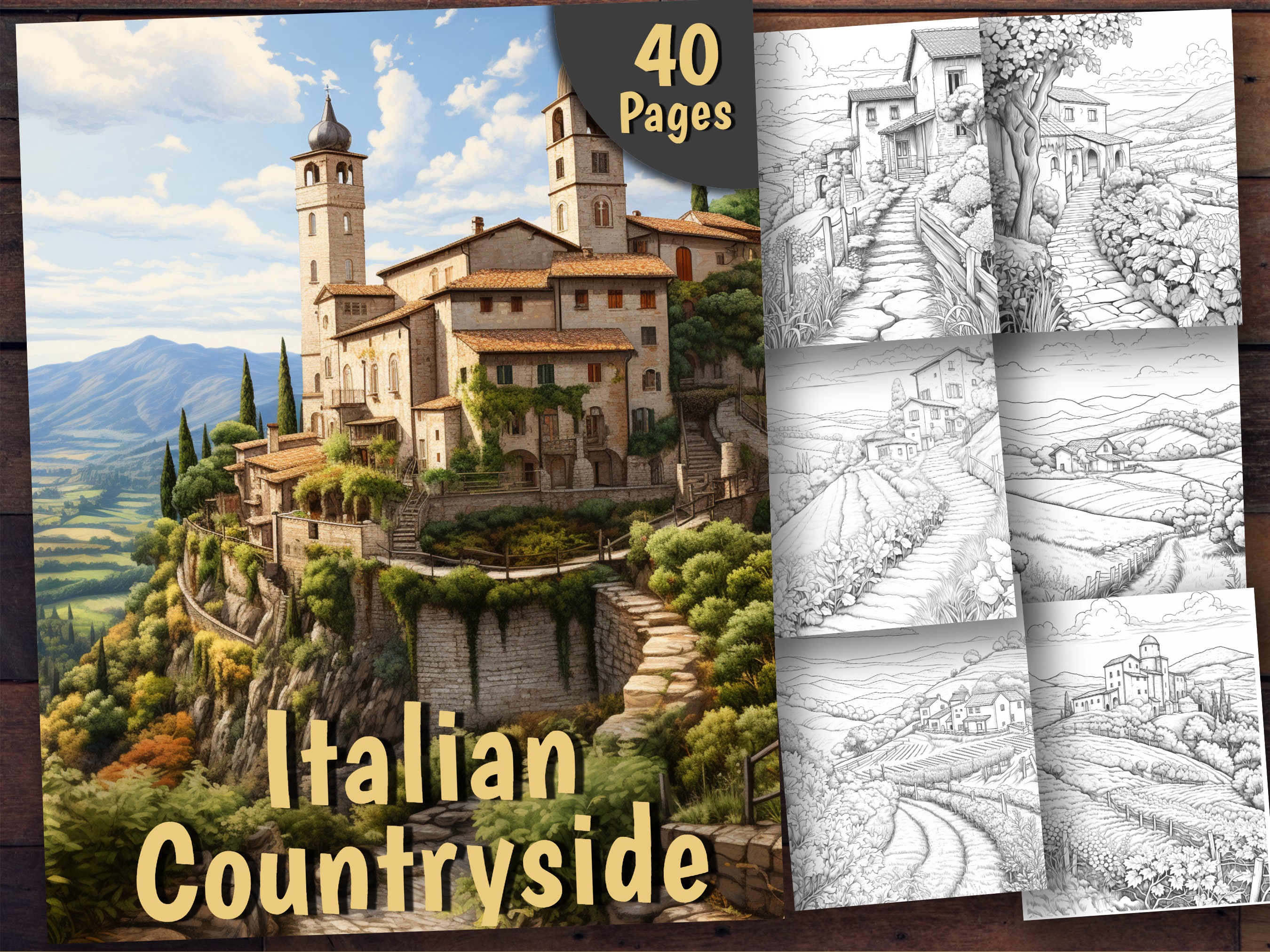 Italian Countryside Coloring Book: 40 Grayscale Pages (printable PDF ...