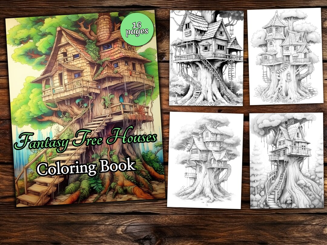 Treehouse Coloring Page Book, Fantasy Coloring Book, Adult Coloring ...