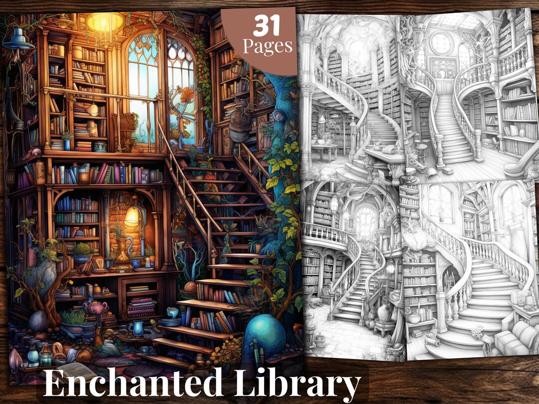 Enchanted Library Coloring Page Book, Fantasy Coloring Book, Adult ...