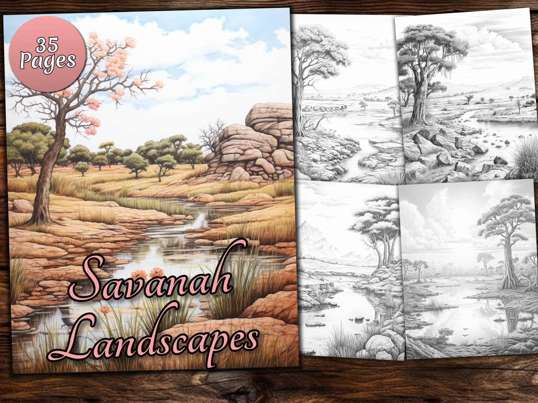 Savannah Landscape Coloring Book: Grayscale Fantasy Art (PDF) - Etsy