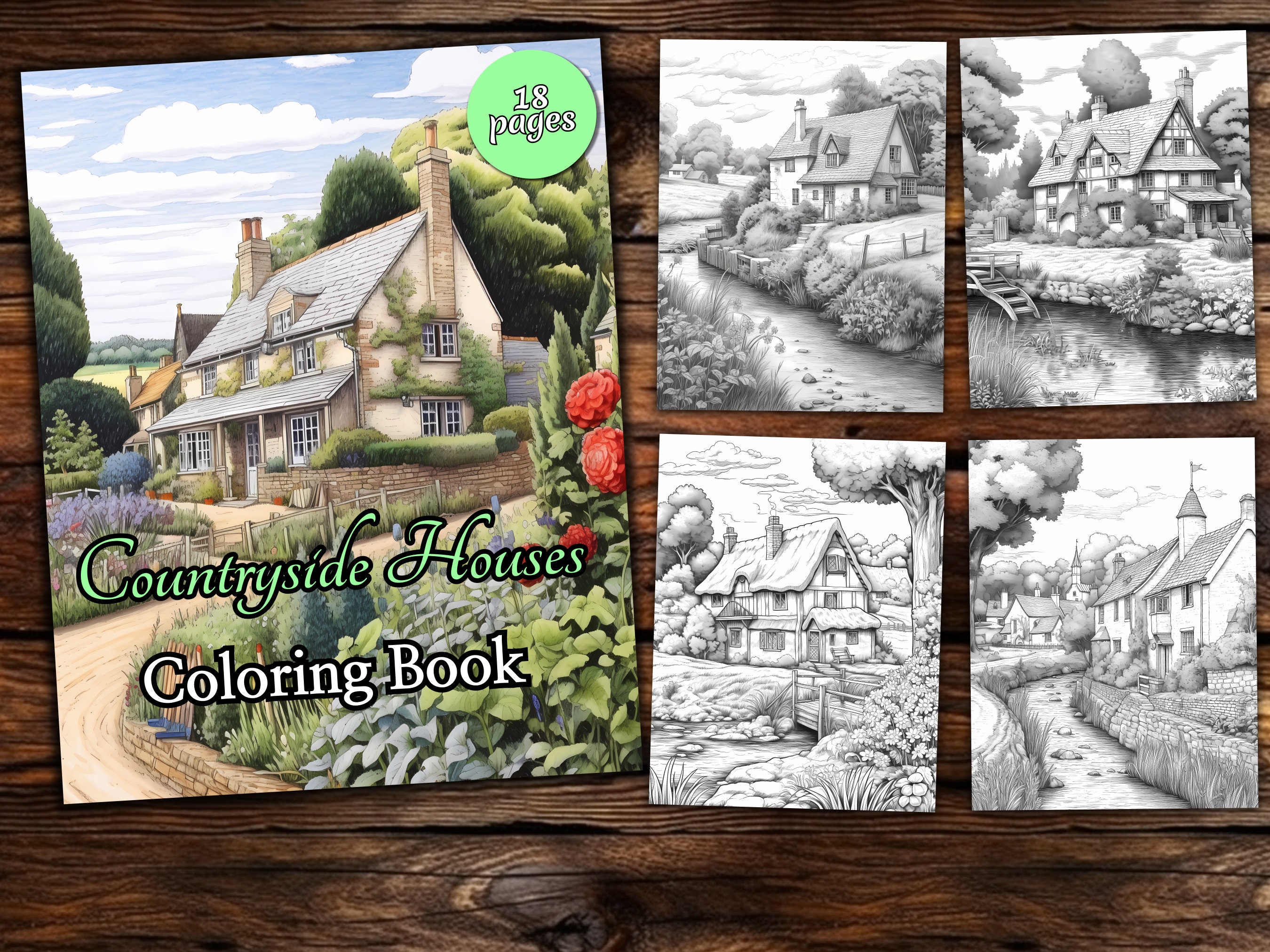 English Countryside Houses Coloring Page Book, Fantasy Coloring Book ...