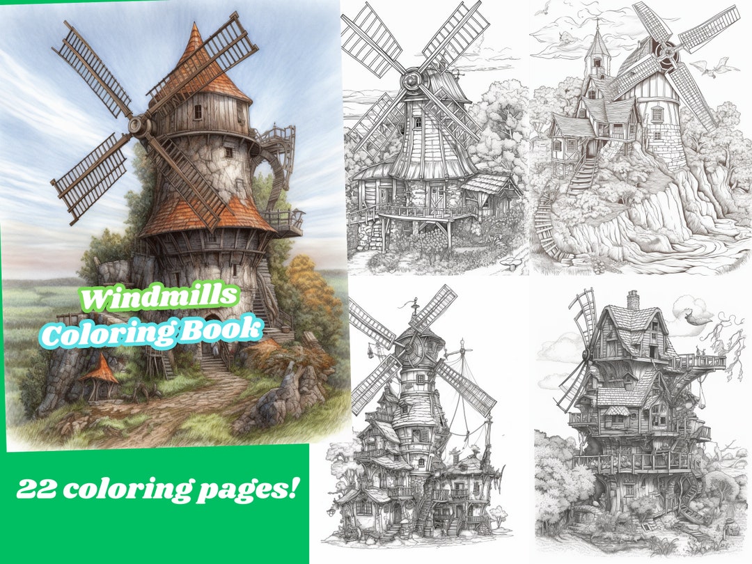 Windmill Coloring Book, Adults & Kids, Instant Download, Grayscale ...