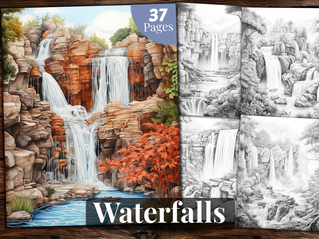 Waterfalls Coloring Book, 37 Coloring Pages, for Adults and for Kids ...