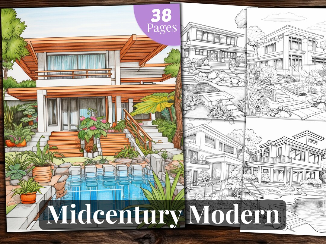 Midcentury Modern Homes Coloring Book, 38 Coloring Pages, for Adults ...