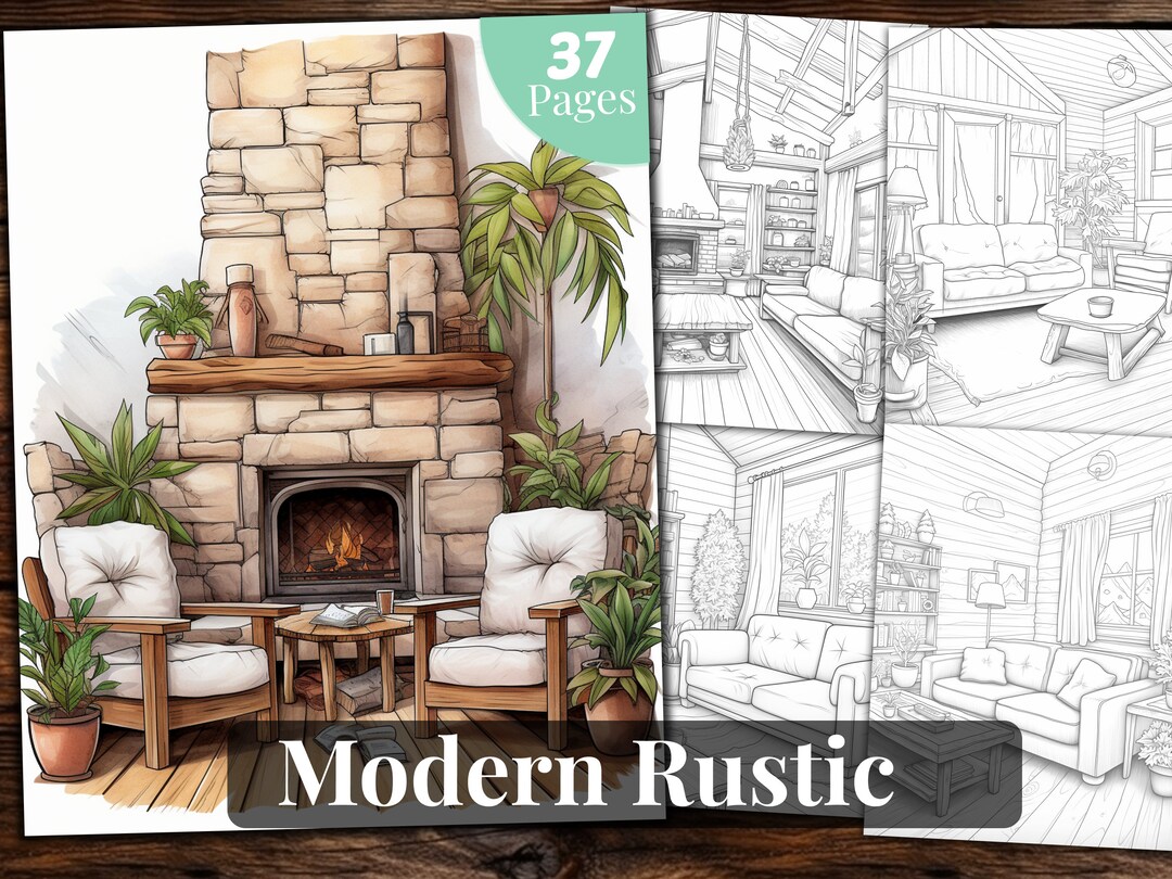 Modern Rustic Interiors Coloring Book, 37 Coloring Pages, for Adults ...