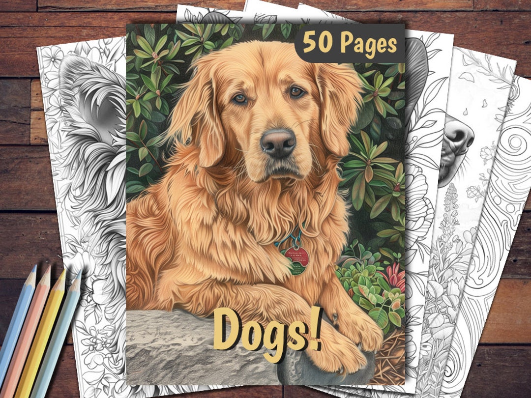 Dogs Coloring Book, 50 Coloring Pages, for Adults and Kids, Grayscale ...
