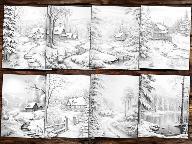 Winter Scenes Coloring Book: Grayscale Fantasy Landscapes (PDF) - Etsy
